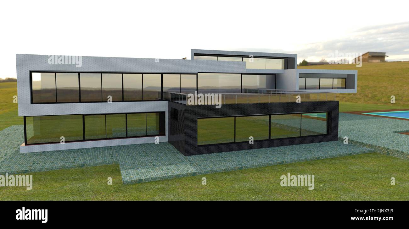 Modern architecture. Newly built country house. Flat roof, smooth ...