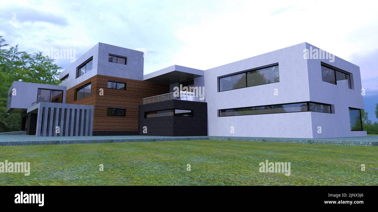 Modern home design with an unusual design. Non-standard wall and porch ...