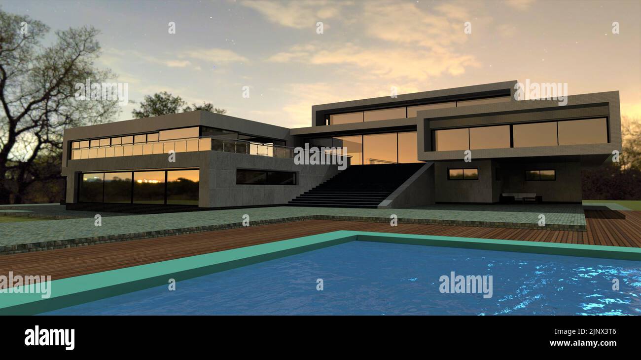Stunning night view of an advanced villa. Evening lights are reflected ...