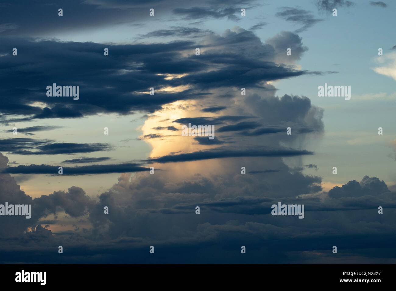 A towering Cumulo-nimbus thunderhead develops in the evening light. These clouds can be massive ...