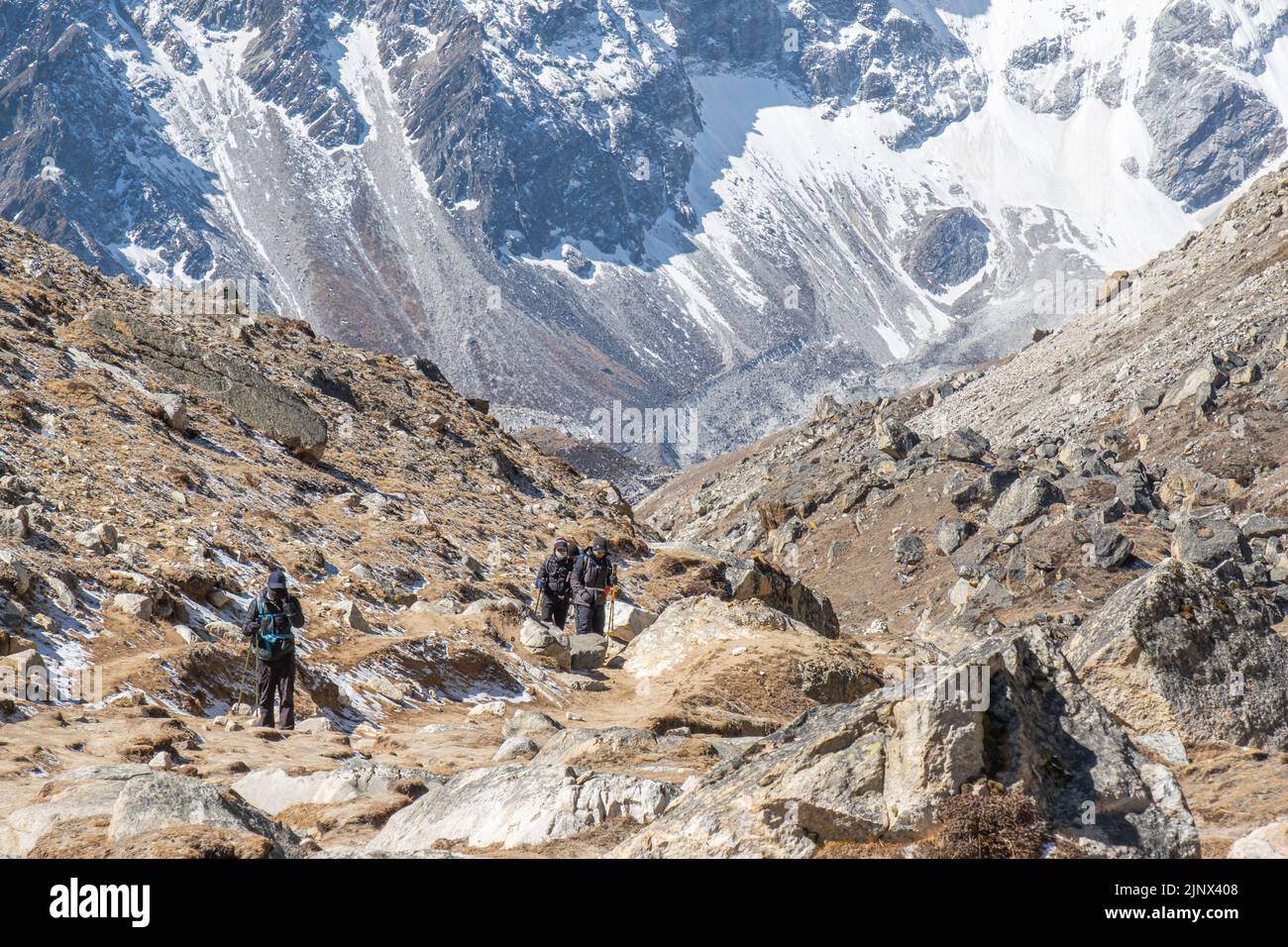 Tourist and porters walking on dirt road in Nepal to Everest Base Camp ...