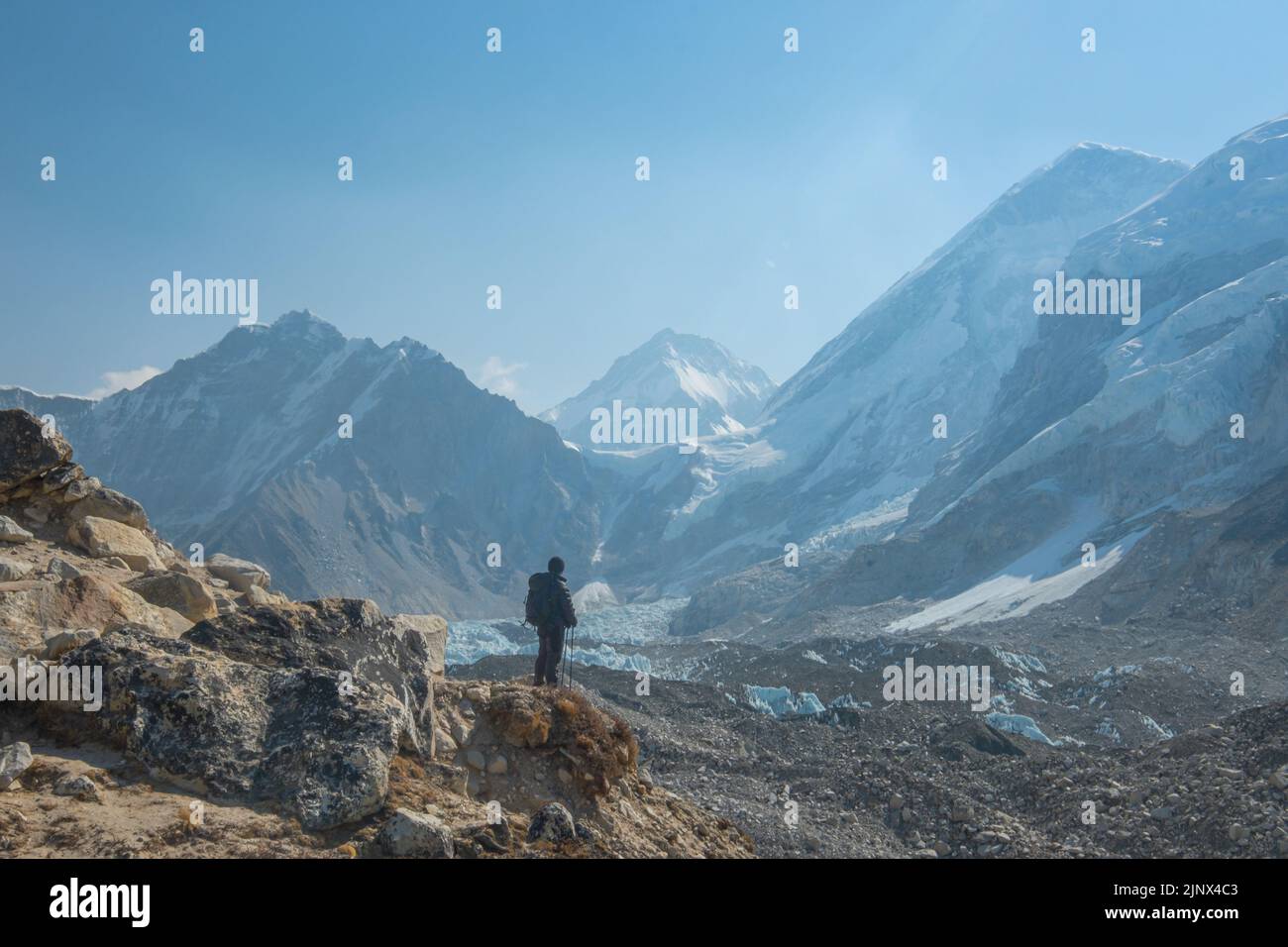 Male backpacker enjoying the view on mountain walk in Himalayas. Everest Base Camp trail route ...
