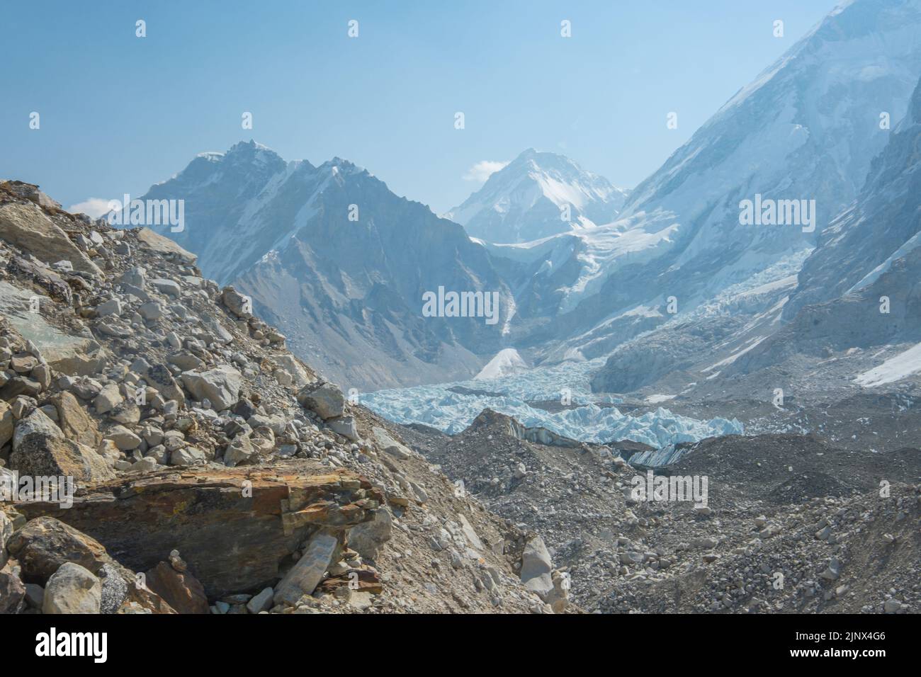 View from Mount Everest base camp, tents and prayer flags, Sagarmatha ...