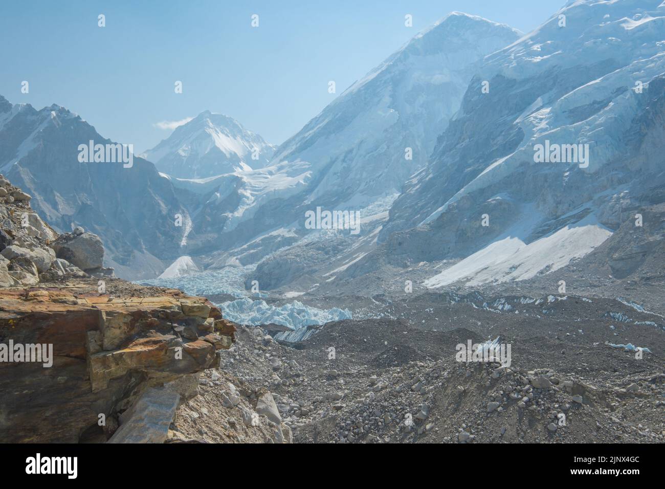 View from Mount Everest base camp, tents and prayer flags, Sagarmatha ...