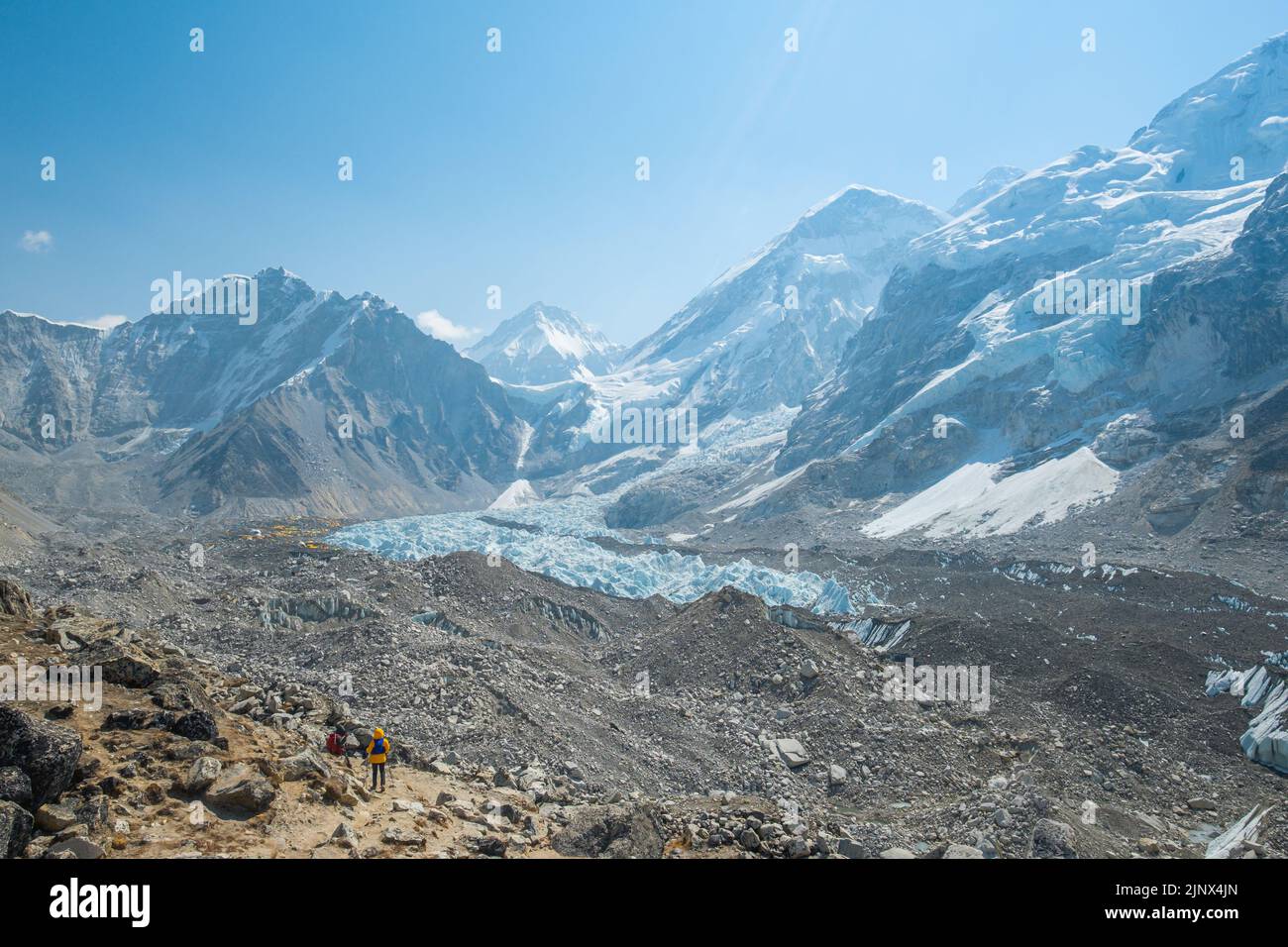 View from Mount Everest base camp, tents and prayer flags, Sagarmatha ...