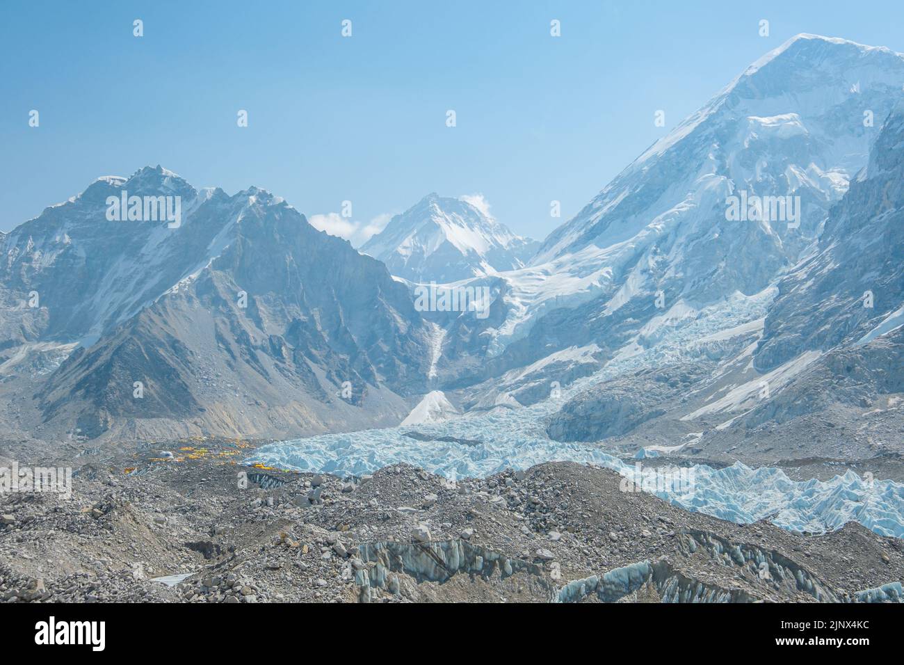 View from Mount Everest base camp, tents and prayer flags, Sagarmatha ...