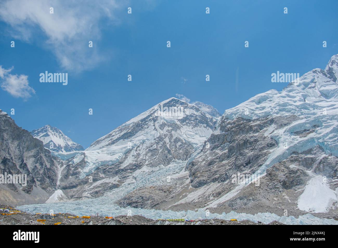 View from Mount Everest base camp, tents and prayer flags, Sagarmatha ...