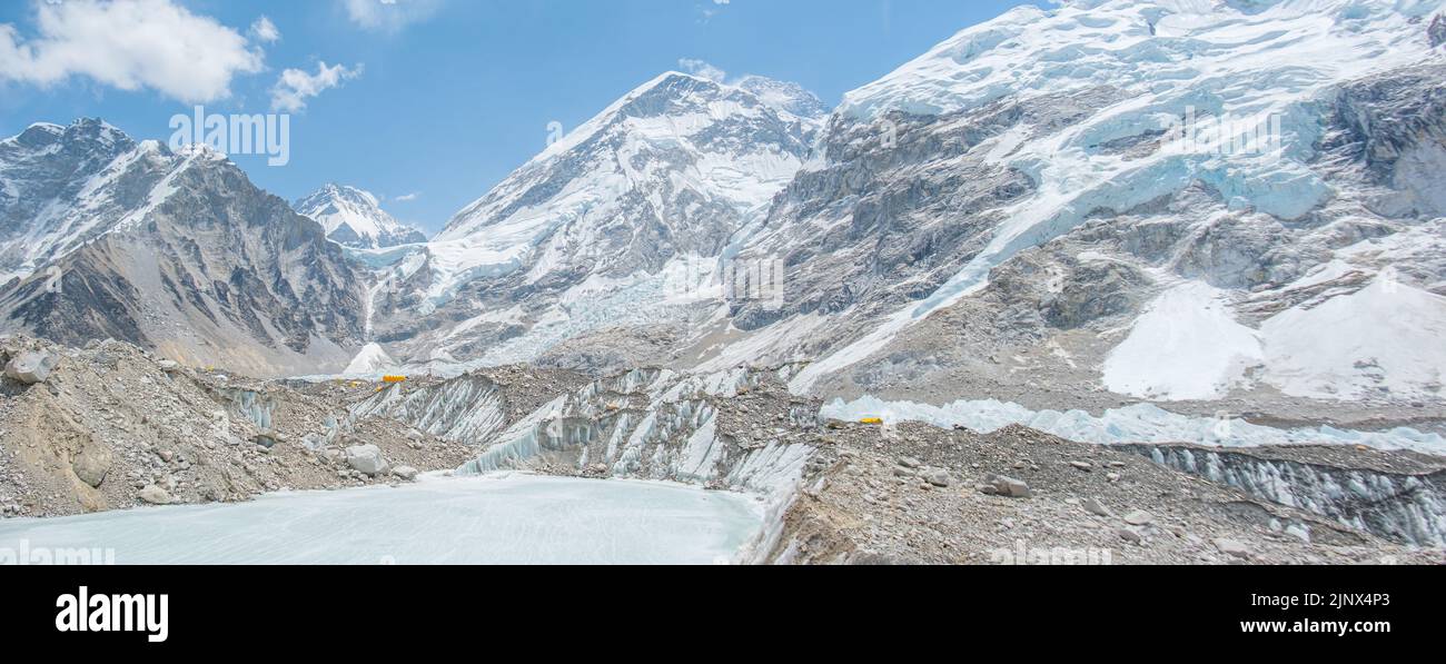 View from Mount Everest base camp, tents and prayer flags, Sagarmatha ...