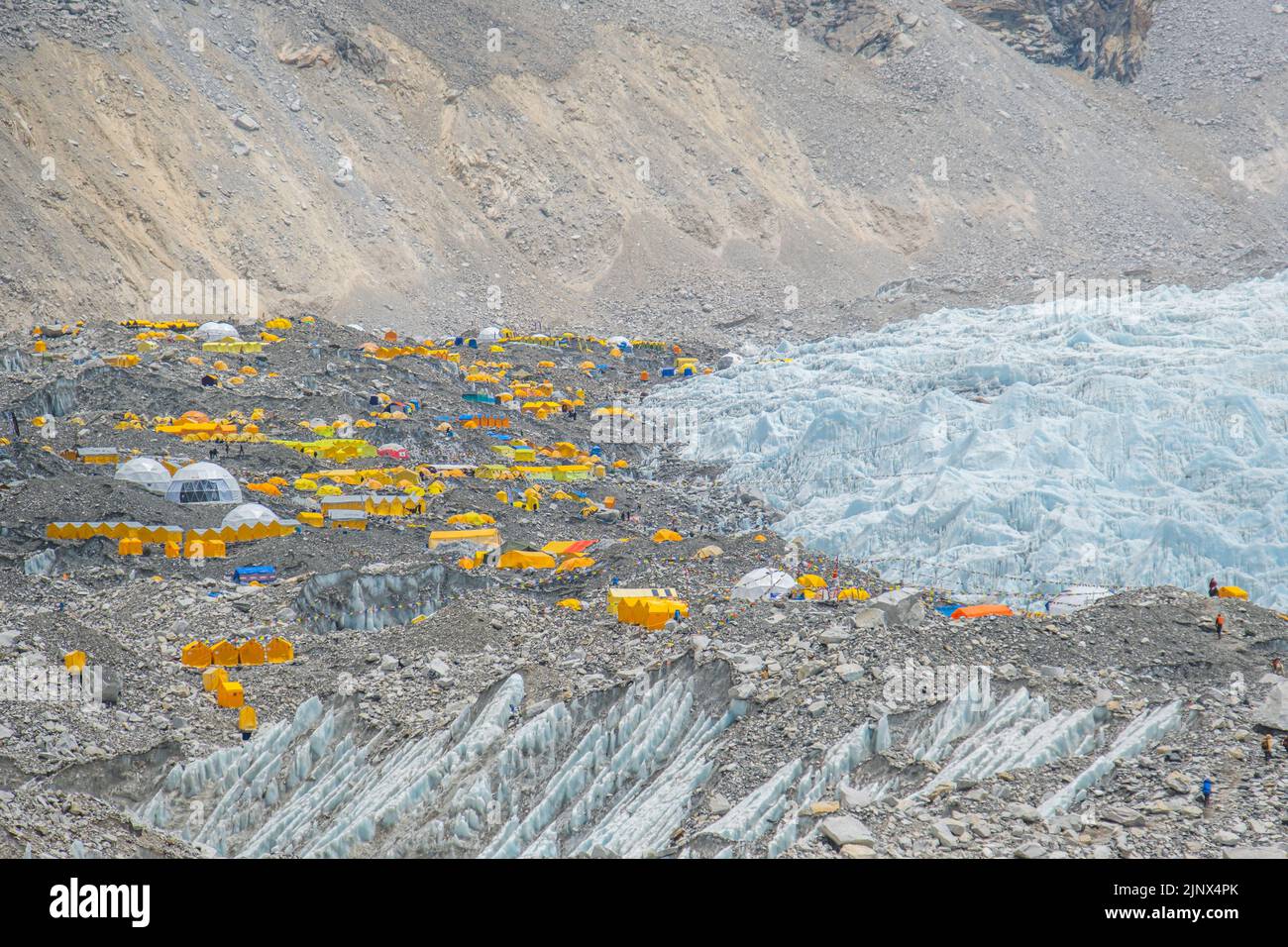View from Mount Everest base camp, tents and prayer flags, Sagarmatha ...