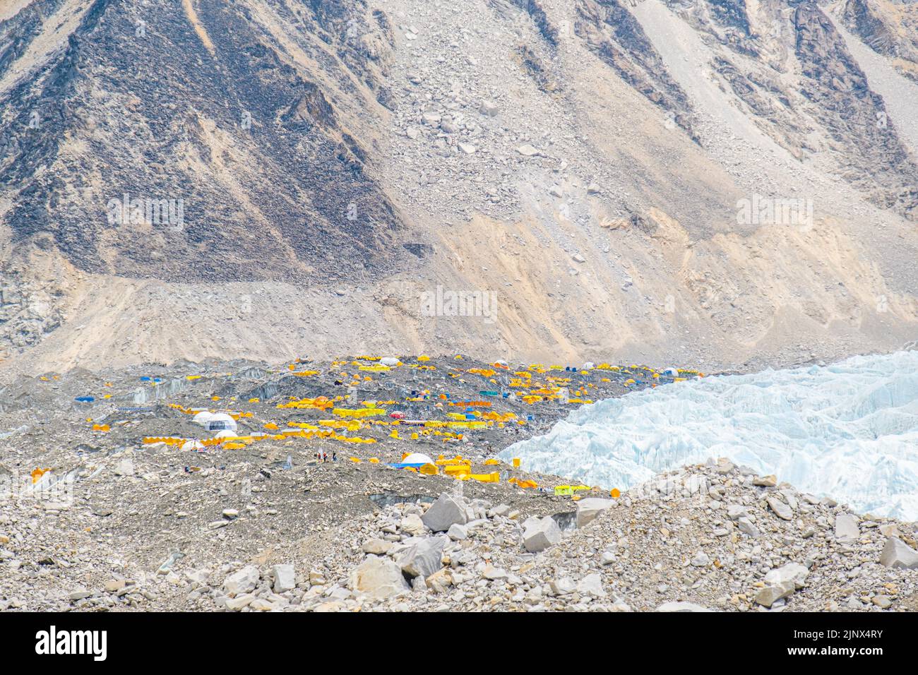 View from Mount Everest base camp, tents and prayer flags, Sagarmatha ...