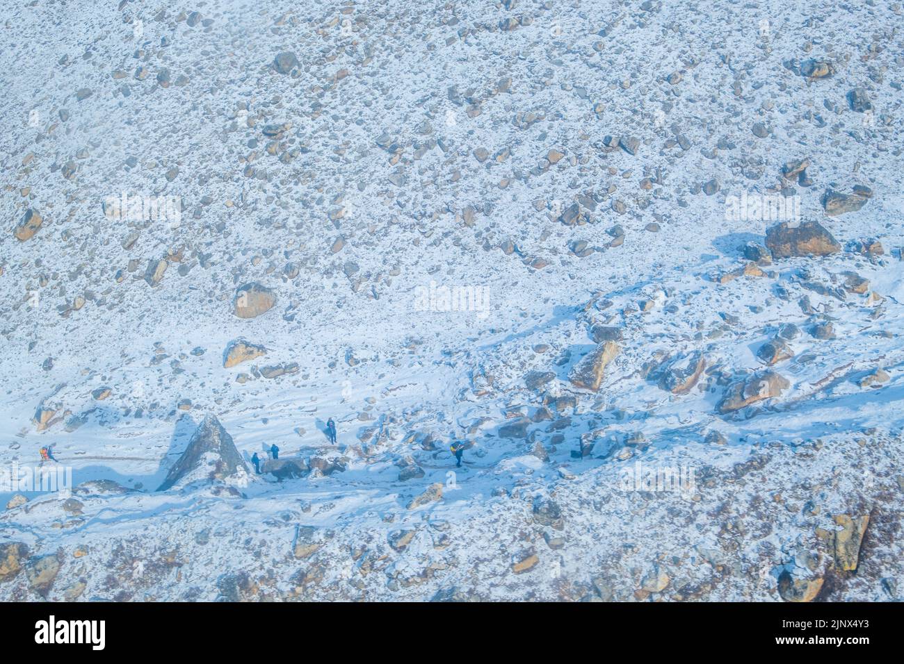 Everest base camp Gorakshep rescue helicopter in action Himalayas Nepal ...