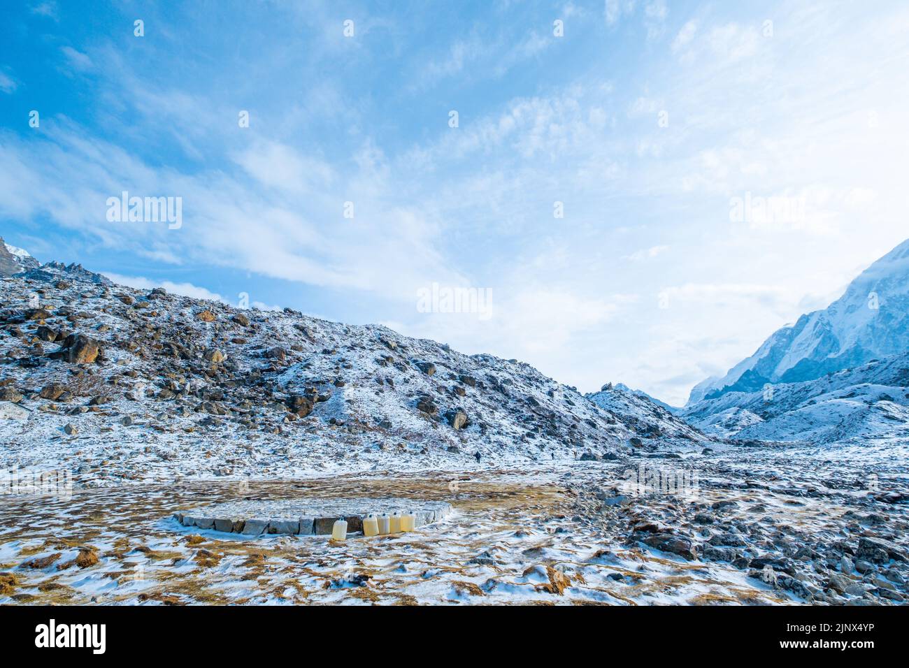 Everest base camp Gorakshep rescue helicopter in action Himalayas Nepal ...