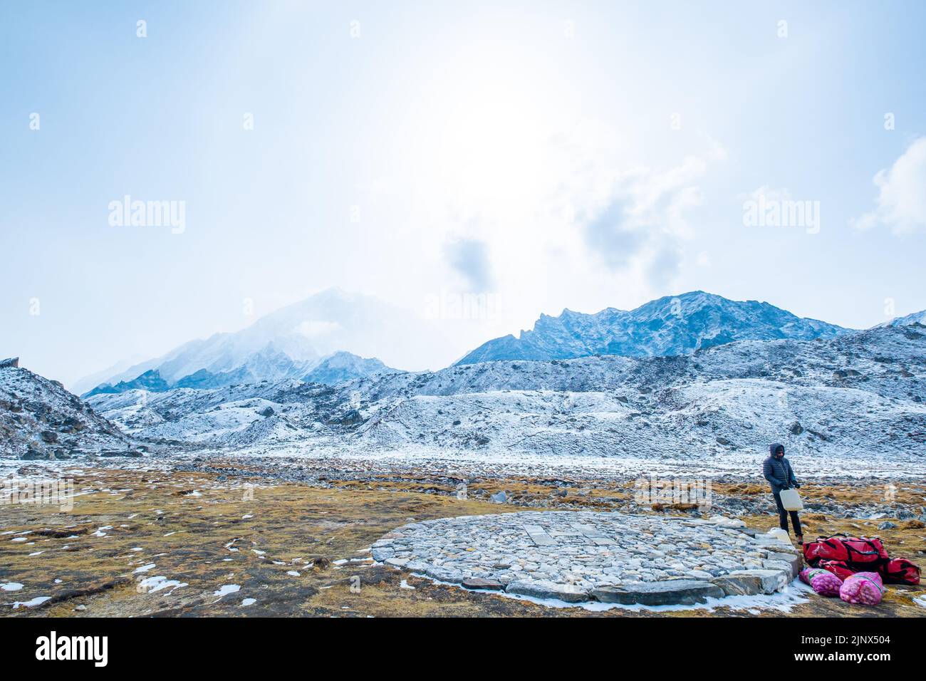 Everest base camp Gorakshep rescue helicopter in action Himalayas Nepal ...