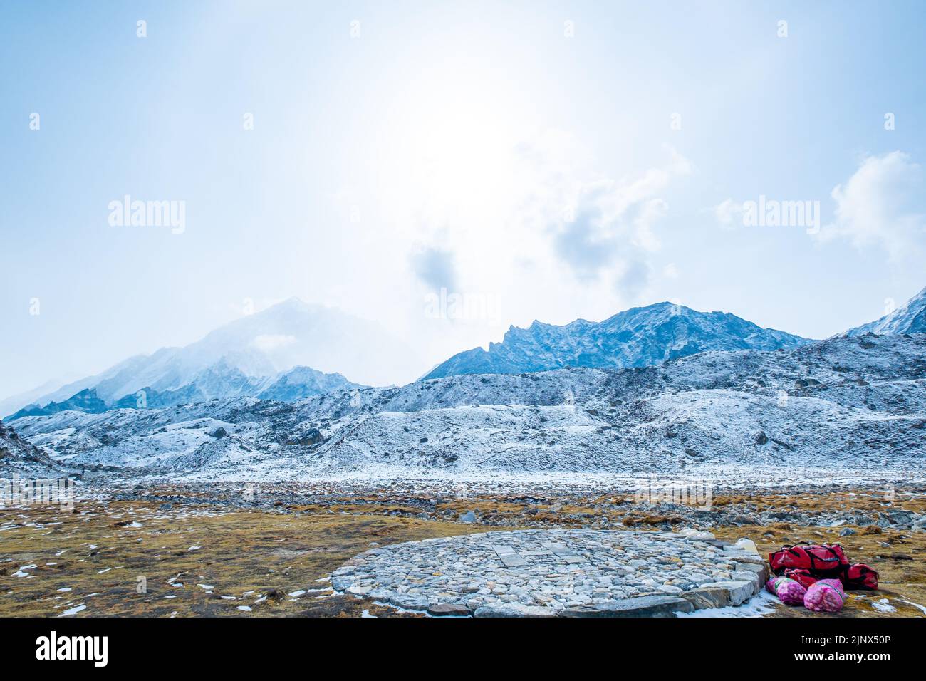 Everest base camp Gorakshep rescue helicopter in action Himalayas Nepal ...