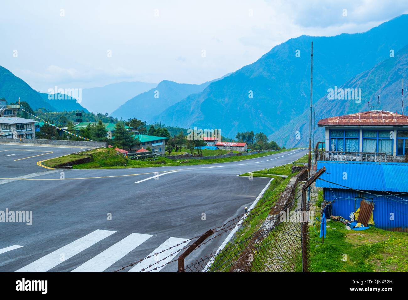 Lukla, Nepal - 21 Apr 2022: view of Lukla village and Lukla airport ...