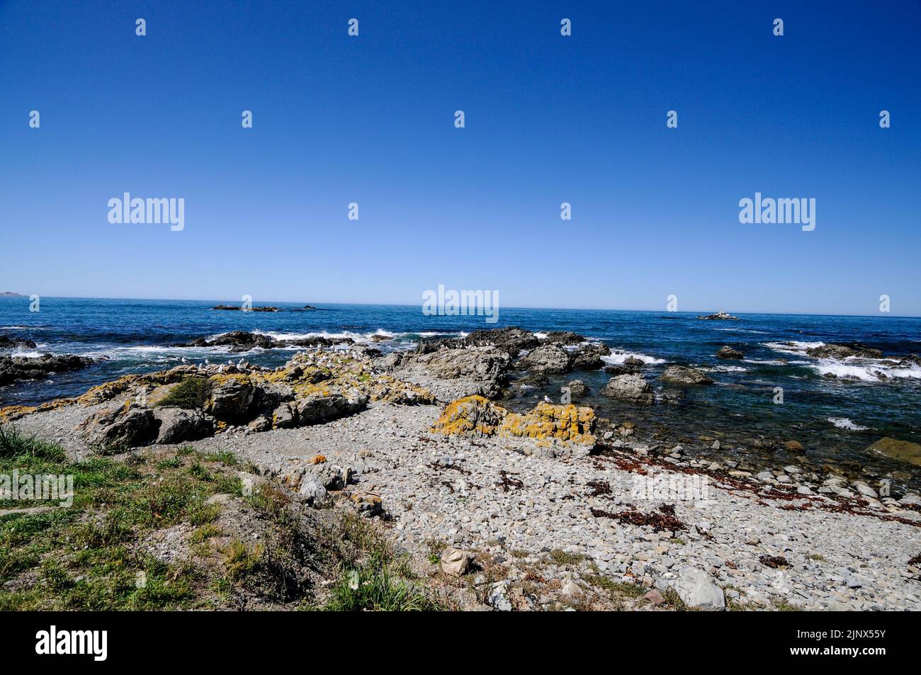 A rocky shore facing the Pacific Ocean at Kaikoura, New Zealand's South ...