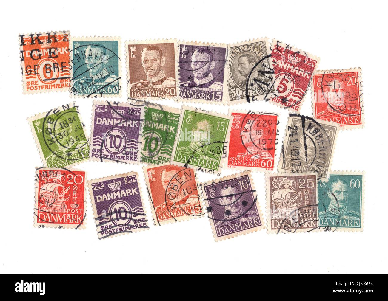 A montage of old postage stamps from Denmark on a white background ...