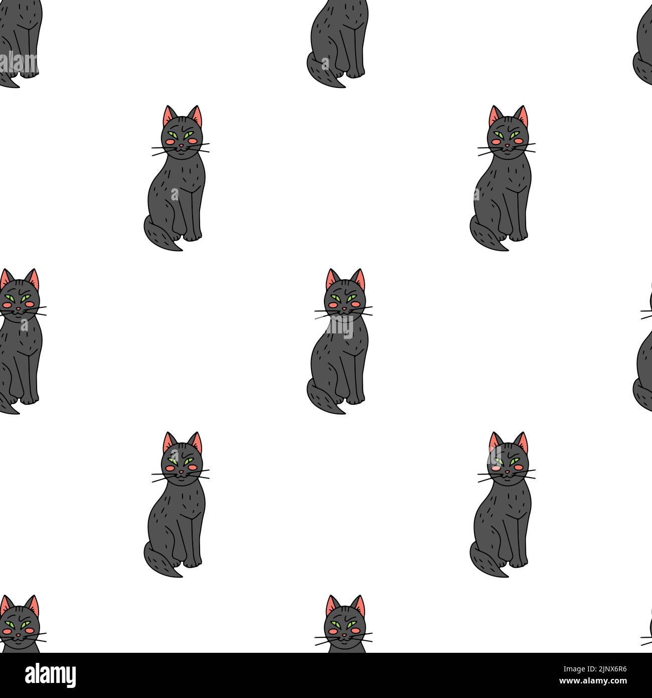 Halloween seamless pattern with cute cartoon black cats on white ...