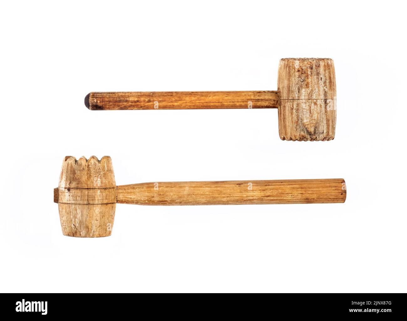 Two old wooden meat hammers isolated on white background Stock Photo ...