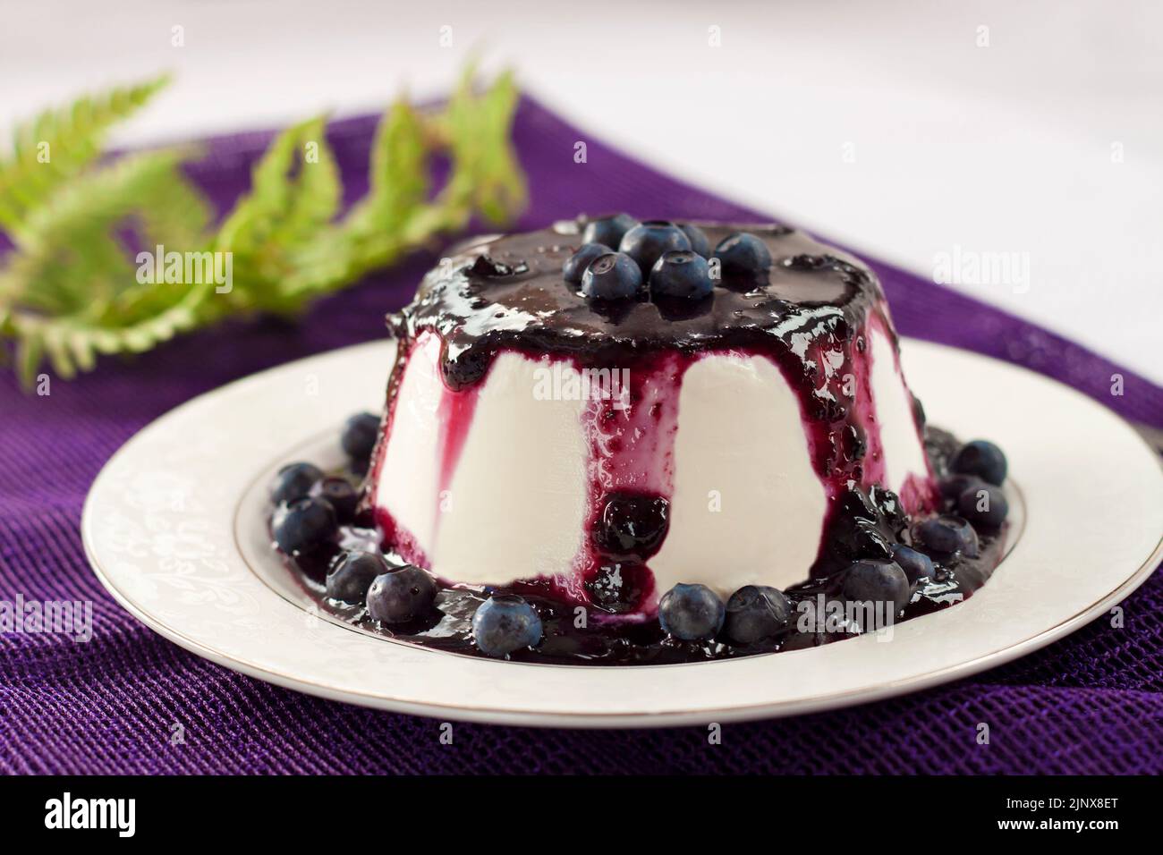 Sweet pudding with blueberry confiture Stock Photo - Alamy