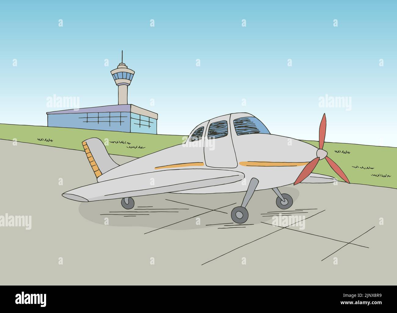 Airport exterior plane takes off graphic color sketch illustration ...