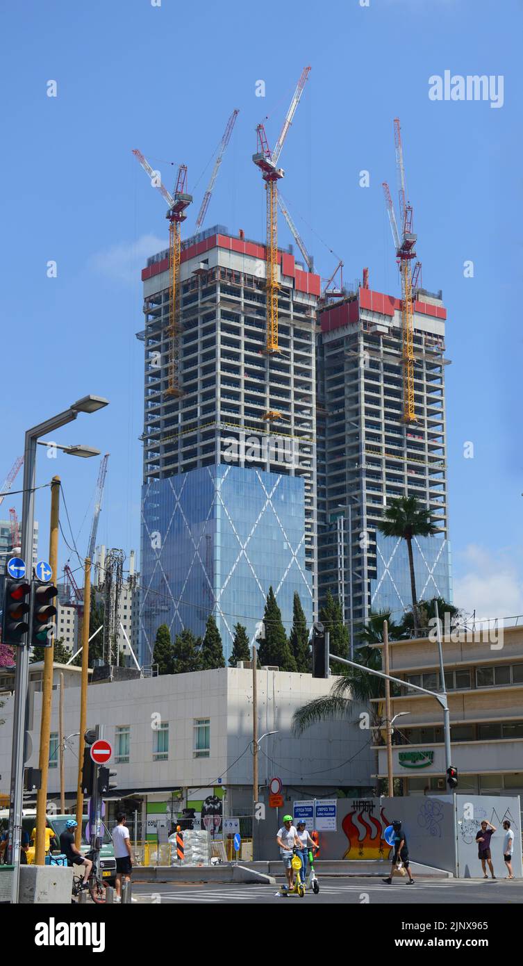 Tel-Aviv, Israel. July 2022. The Landmark towers under contraction ...