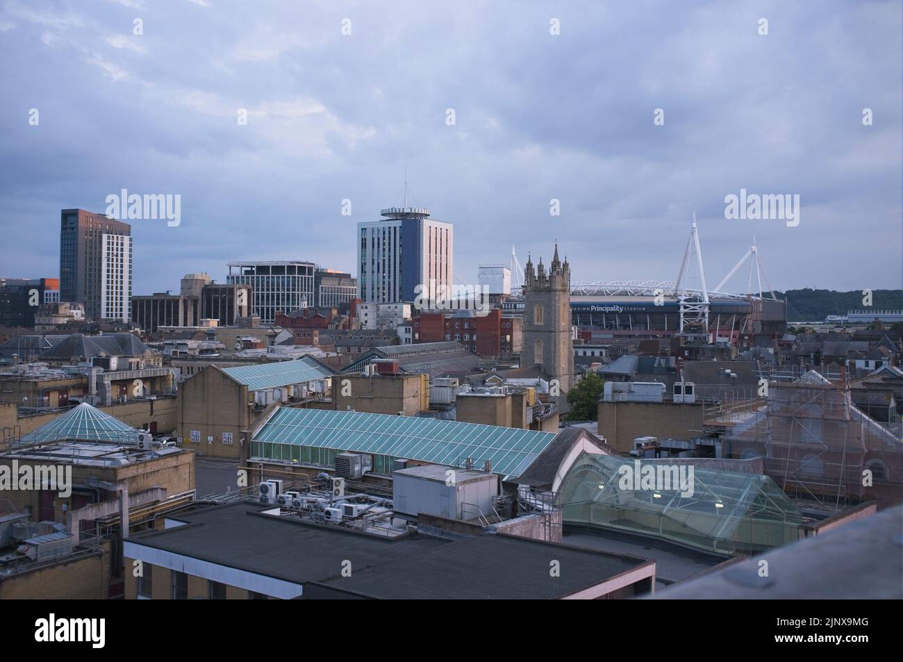 Elevated view of Cardiff city centre showing the Principality stadium ...