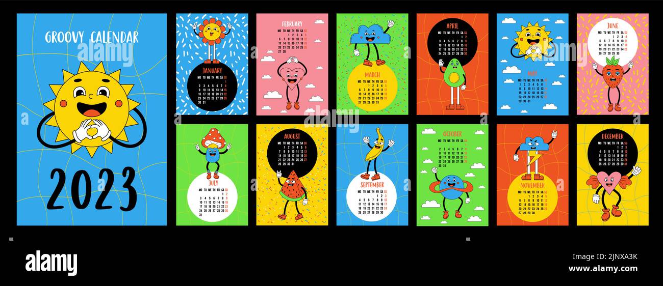 Retro calendar template 2023 with groovy style. Cartoon funny comic ...