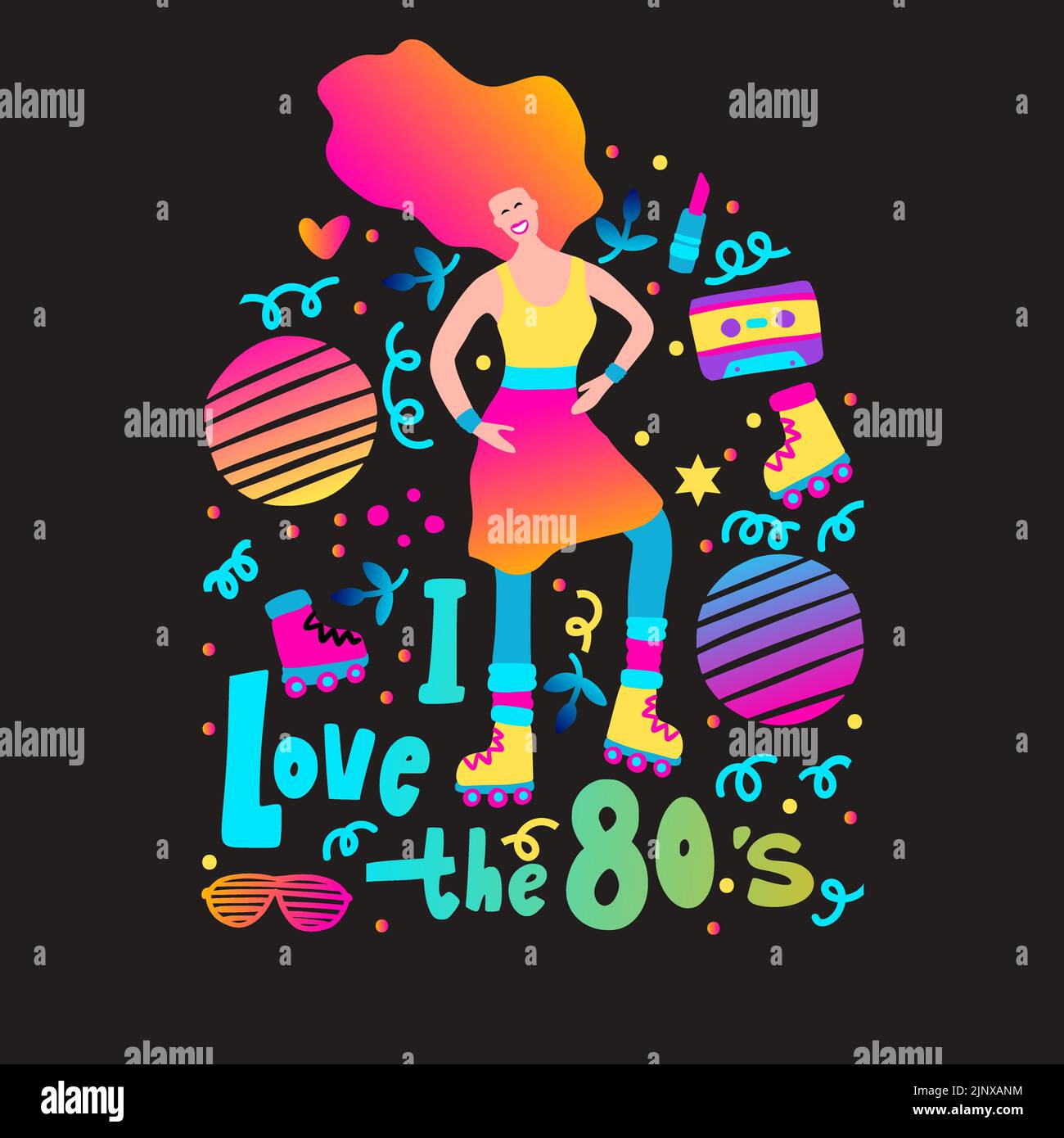 Disco party 70s. I love 80's woman retro night party poster. Roller ...