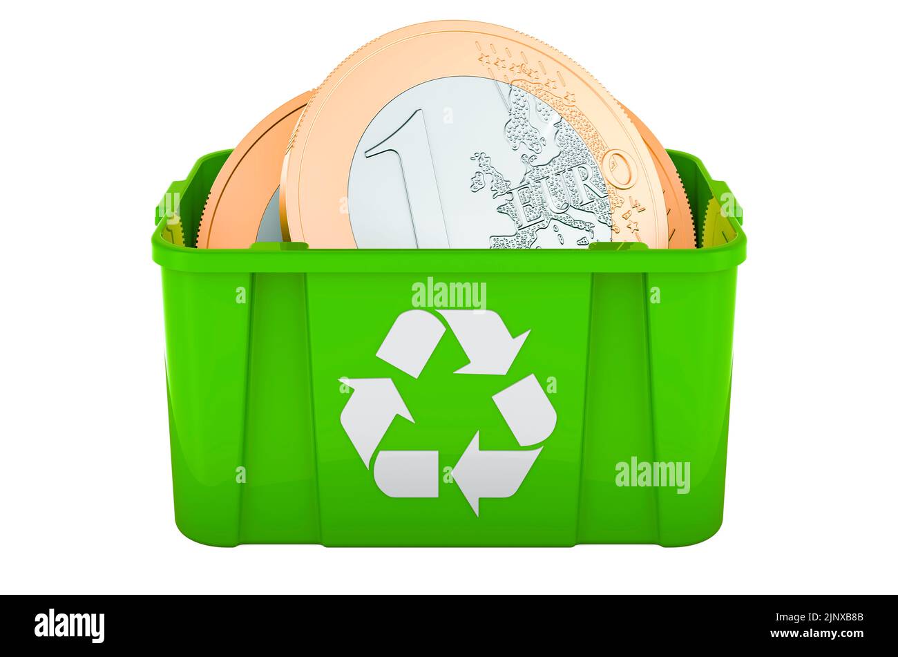 Recycling trashcan with euro coins, 3D rendering isolated on white ...