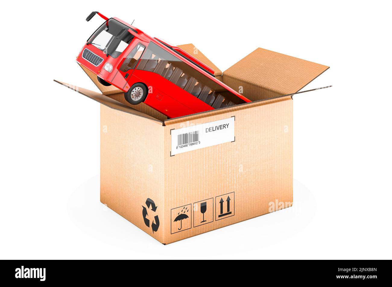 Bus inside cardboard box, 3D rendering isolated on white background ...