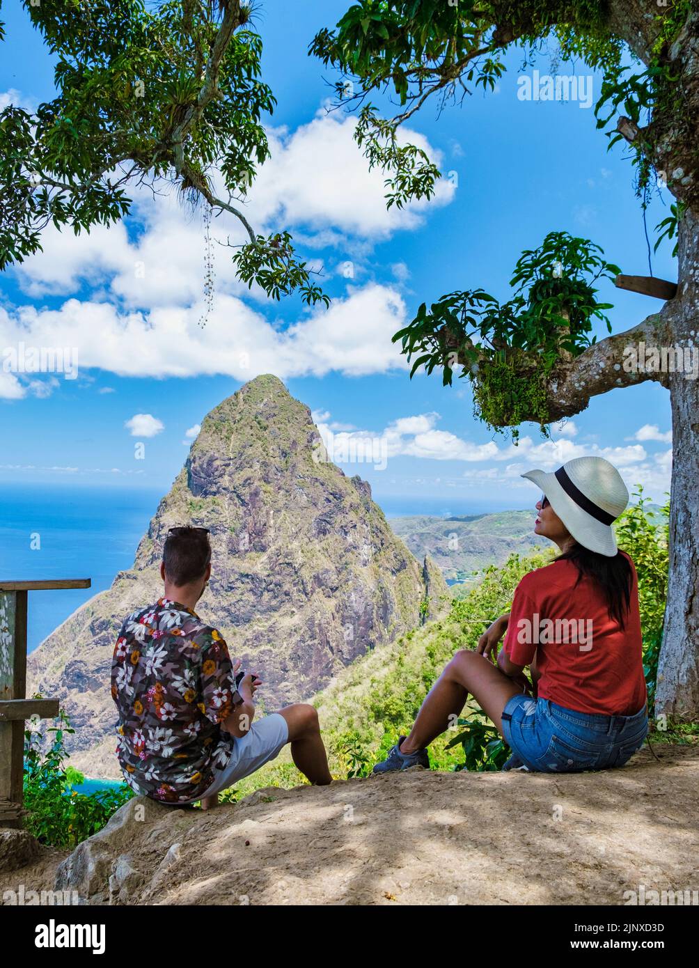couple hiking in the mountains of Saint Lucia Caribbean, nature trail ...
