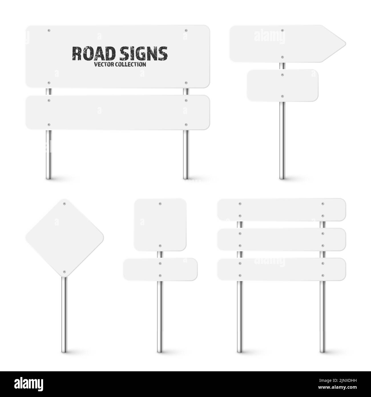 Various road, traffic signs. Highway signboard on a chrome metal pole ...