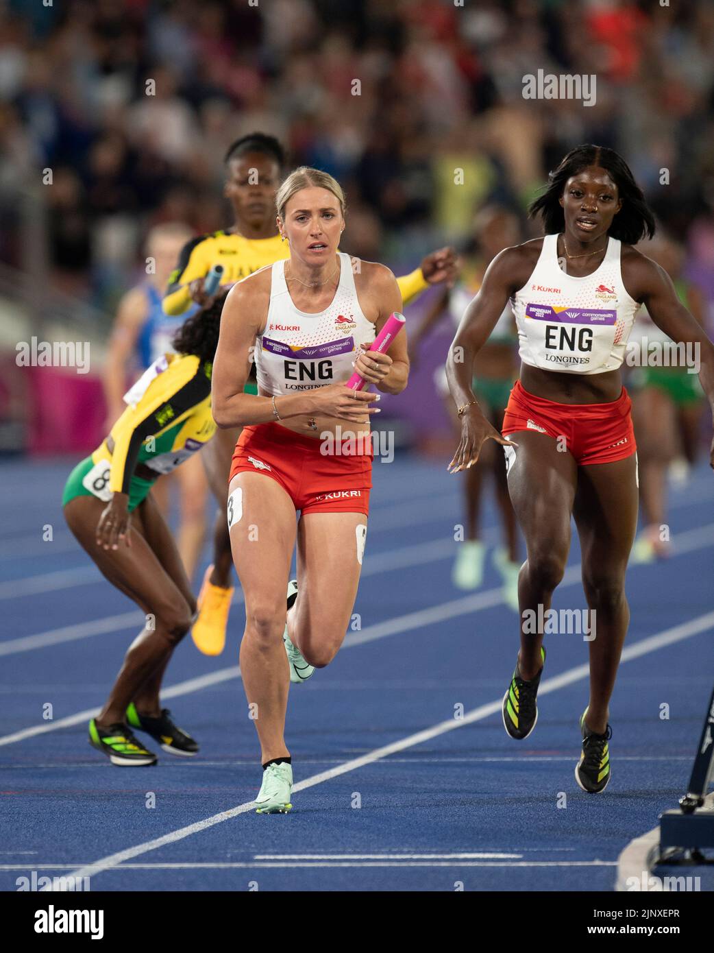 Jessie Knight and Ama Pipi of England competing in the women’s 4x400m ...