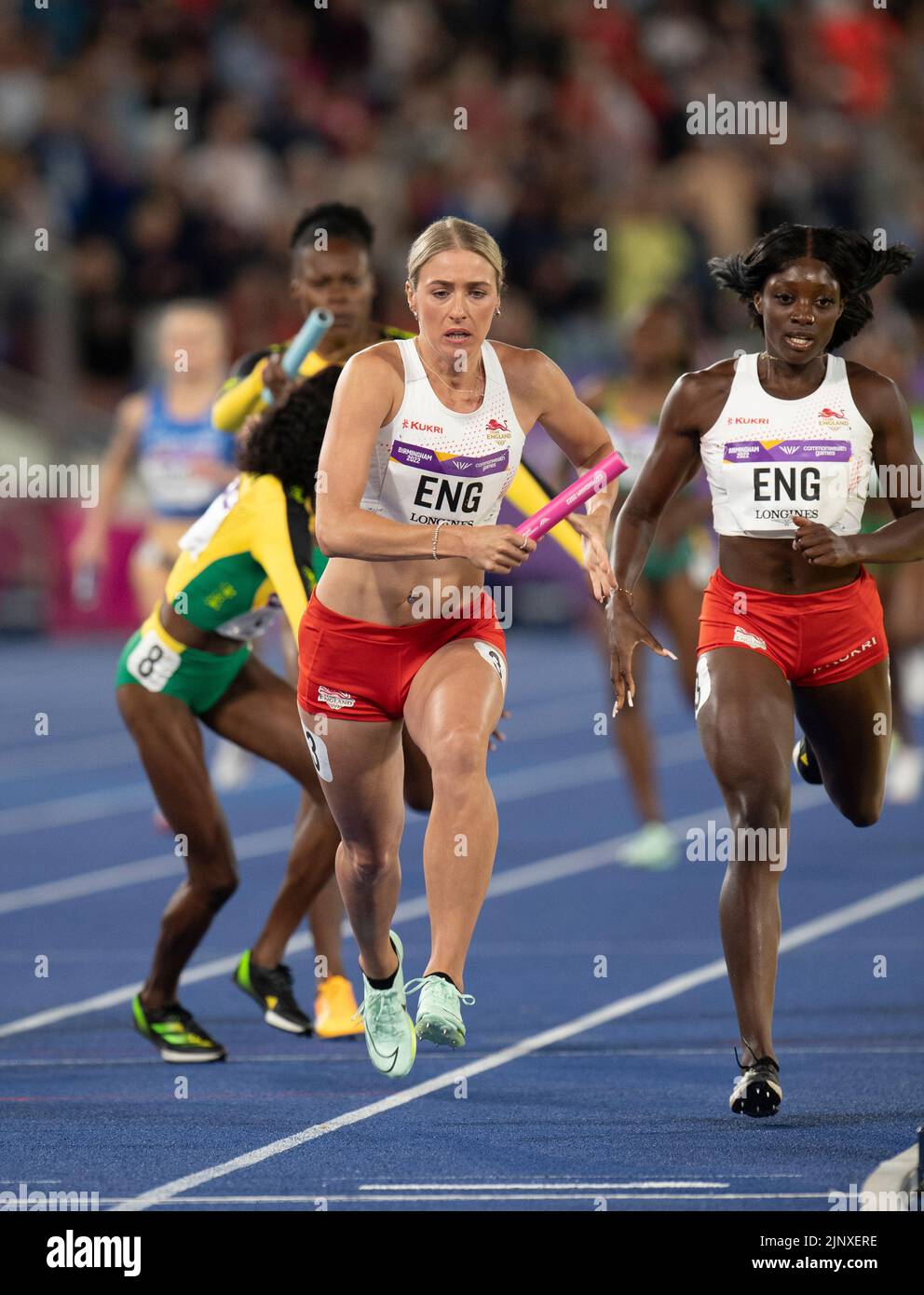Jessie Knight and Ama Pipi of England competing in the women’s 4x400m ...