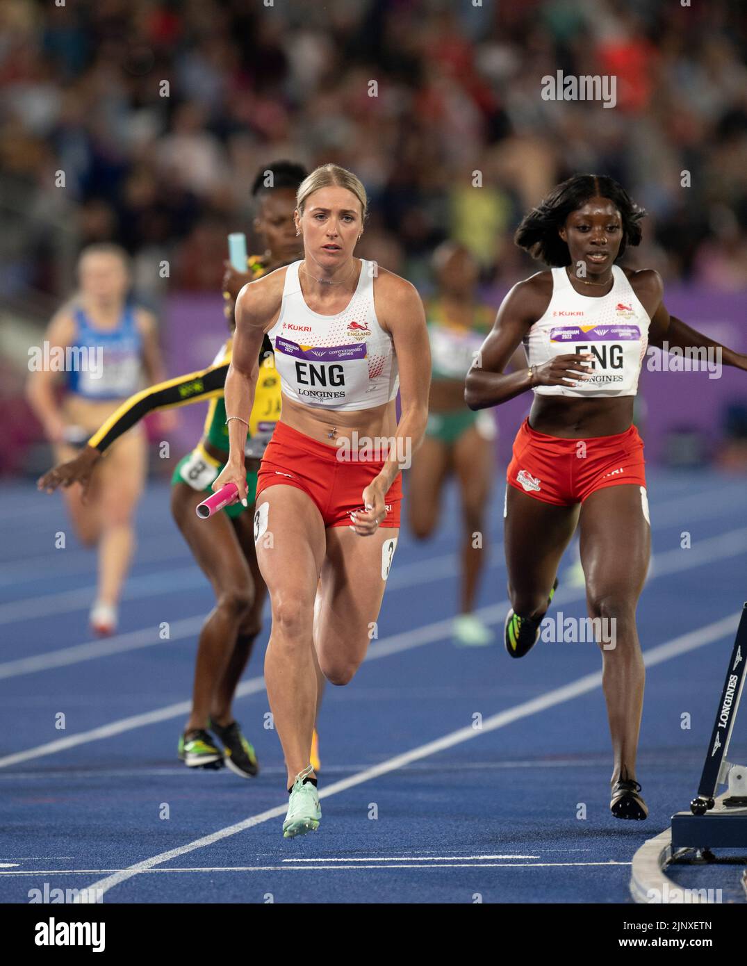 Jessie Knight and Ama Pipi of England competing in the women’s 4x400m ...