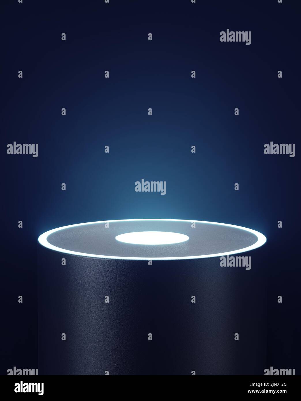 Dark blue empty pedestal with illuminated border and center. 3d ...