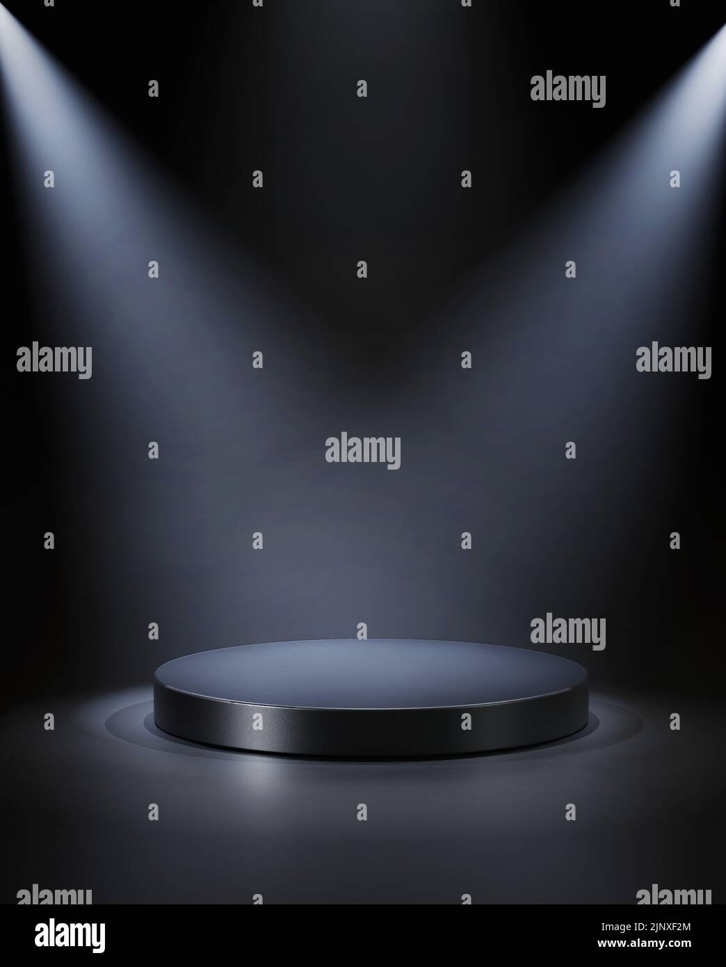 Black low round empty podium lit by pair of spotlights from upper ...
