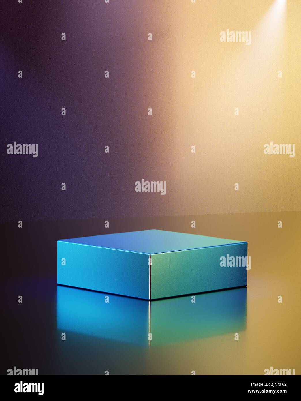 Vector 3d blue cube rendering podium with digital yellow purple blank ...