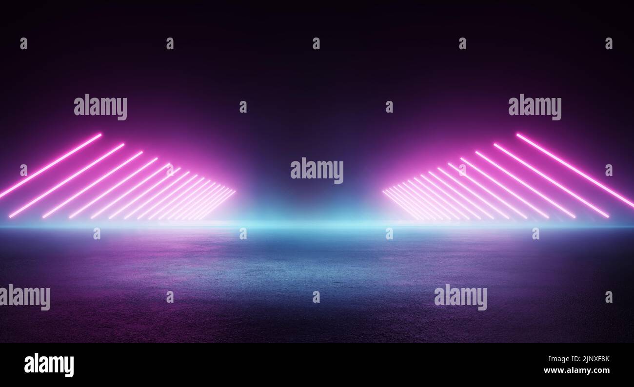 Colourful neon light brightly shining into foggy environment. Pink and ...