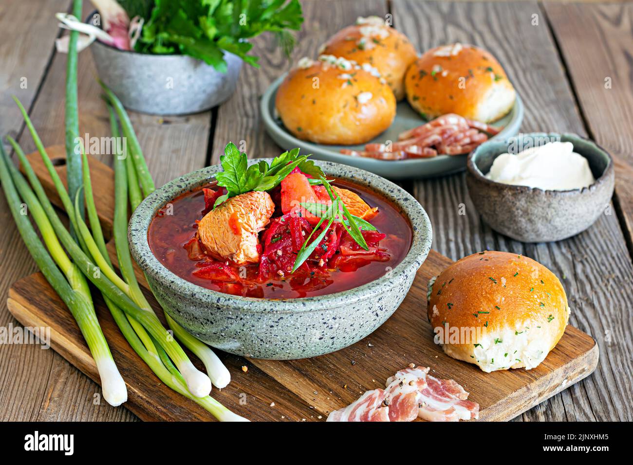National dish of Ukrainian cuisine borscht with vegetables, turkey meat ...
