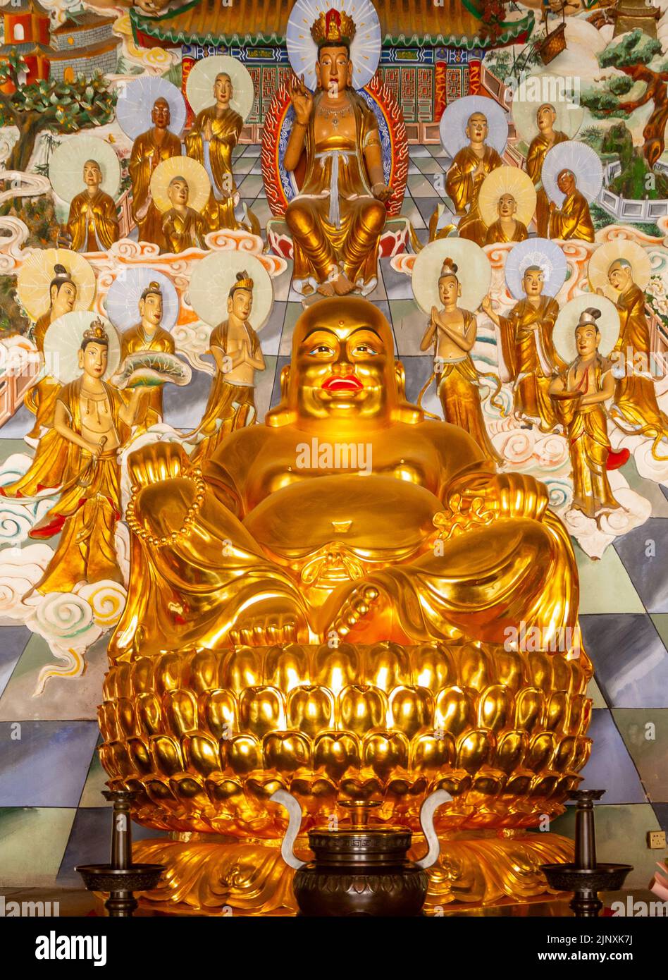 Close-up of a traditional religious Chinese symbol. The sculpture or ...