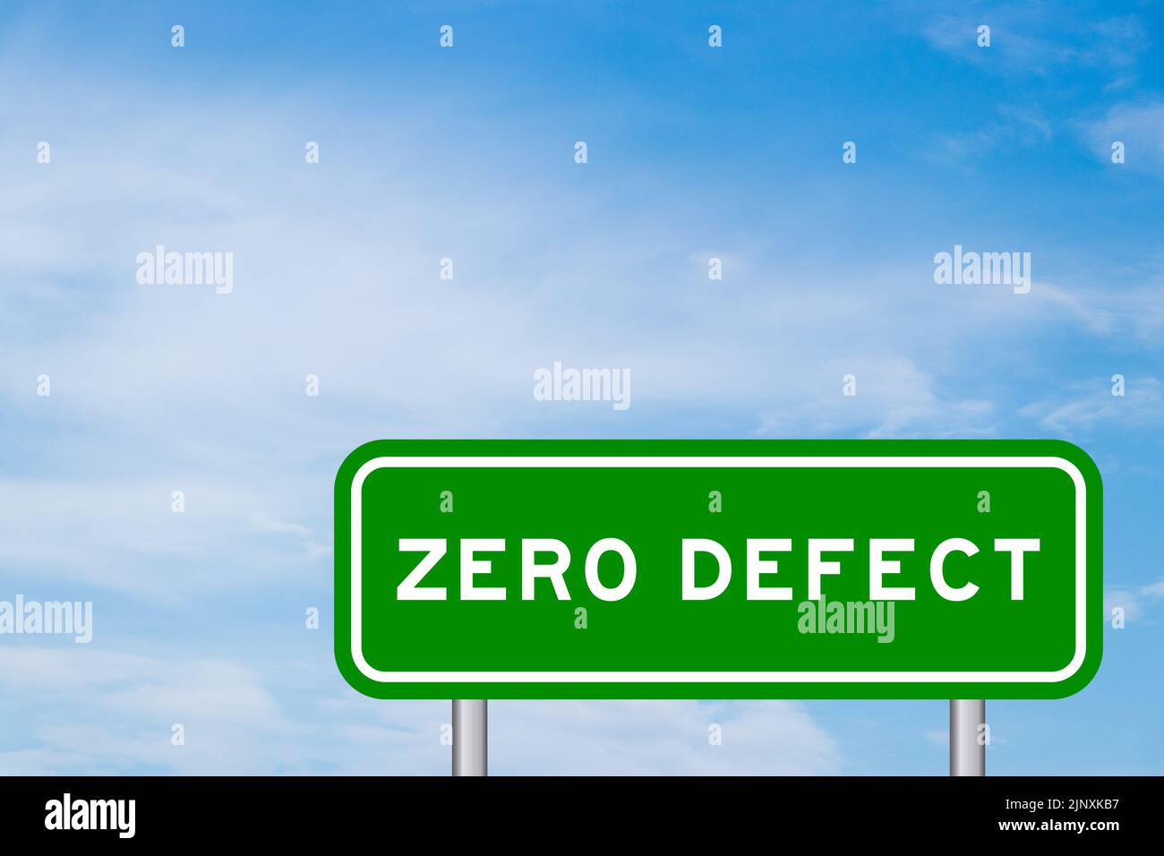 Green color transportation sign with word zero defect on blue sky with ...