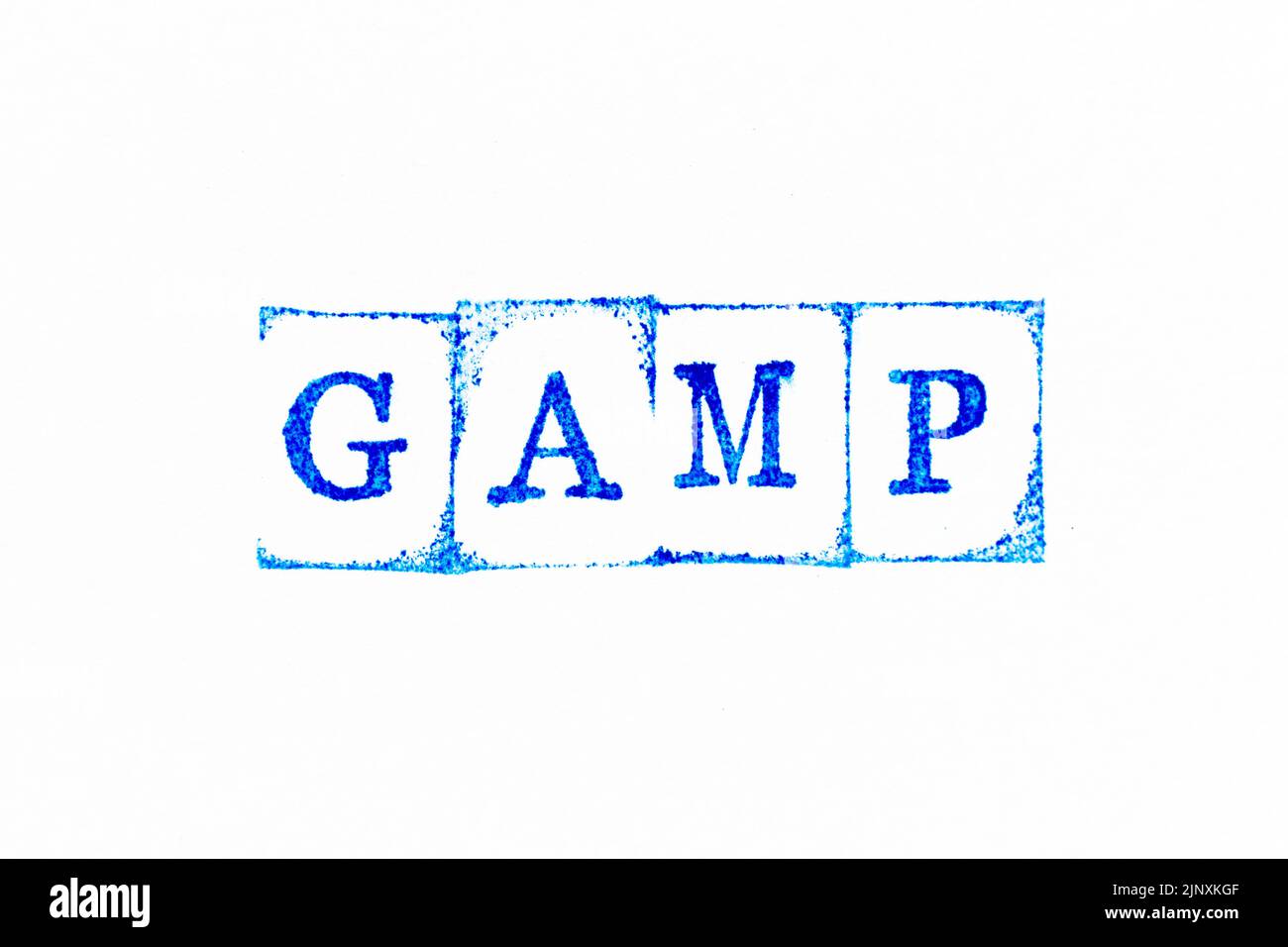 Blue color ink rubber stamp in word GAMP (Abbreviation of Good ...
