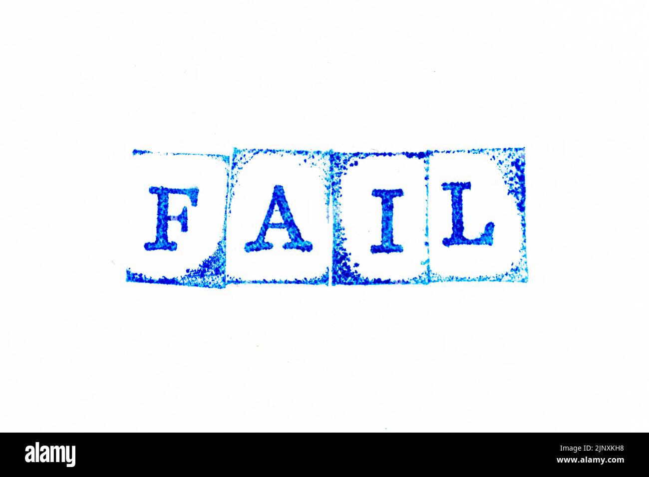 Blue color ink rubber stamp in word fail on white paper background ...