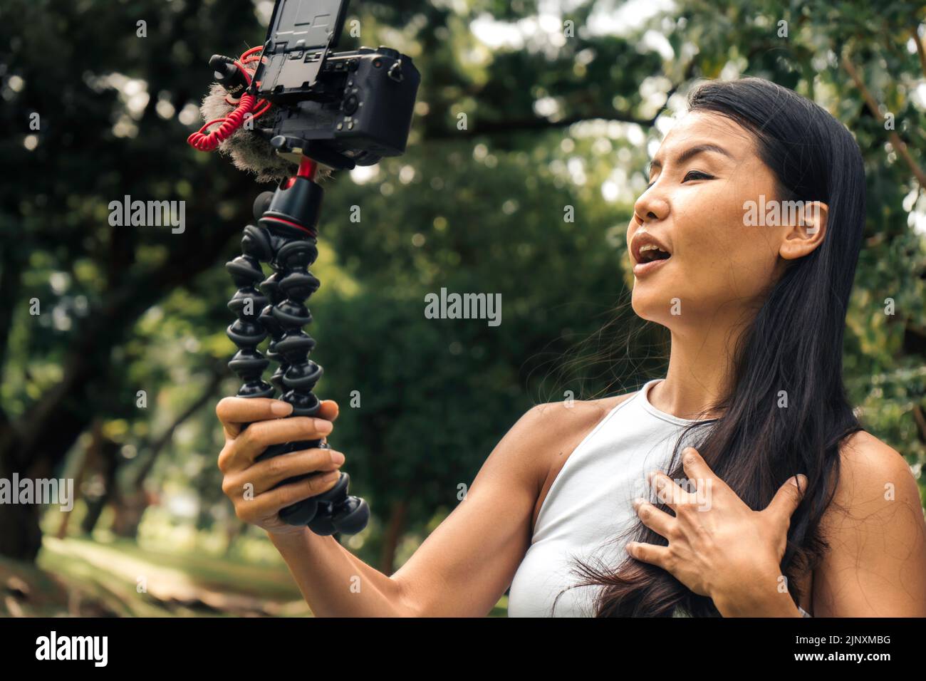 Young asian woman recording video with a camera for vlog and social ...