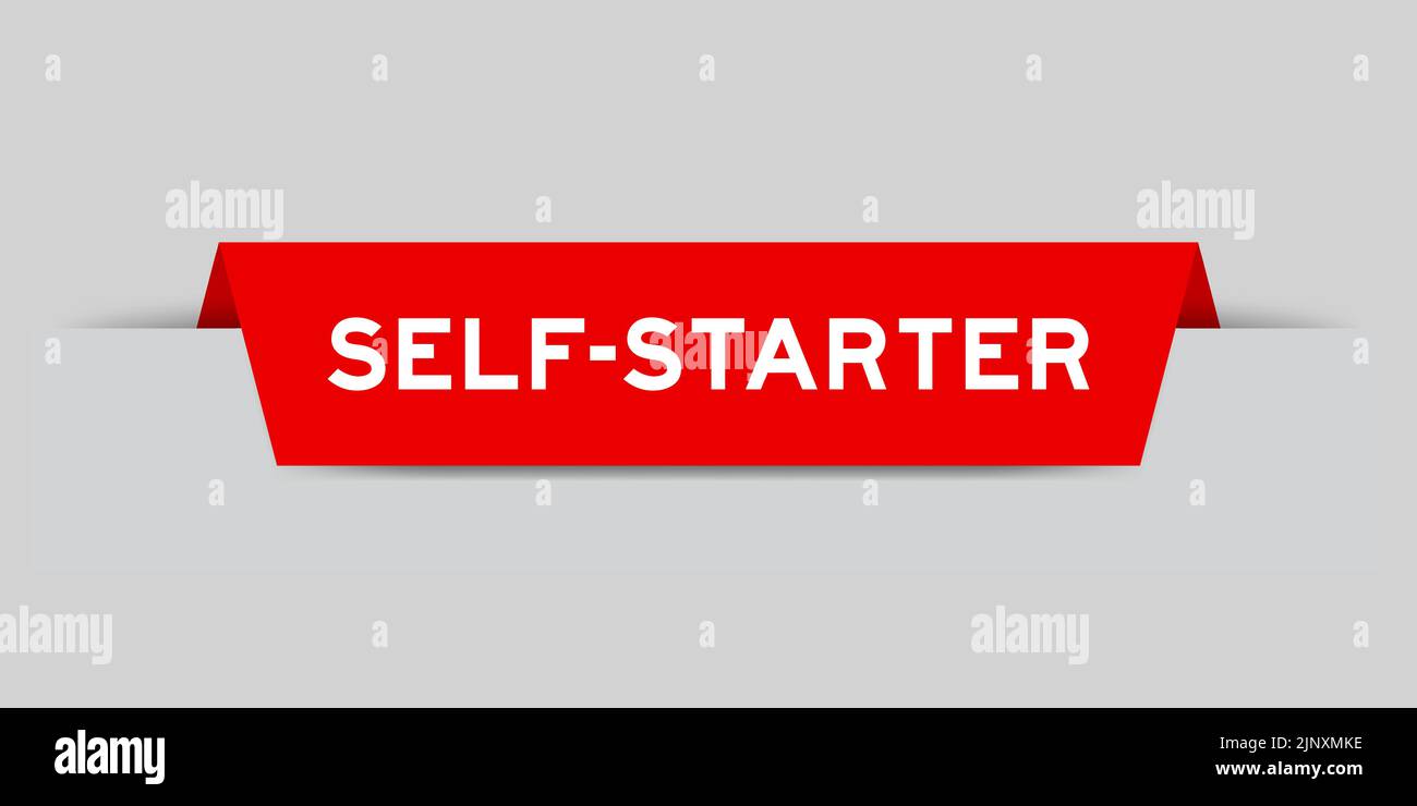 Red color inserted label with word self starter on gray background ...