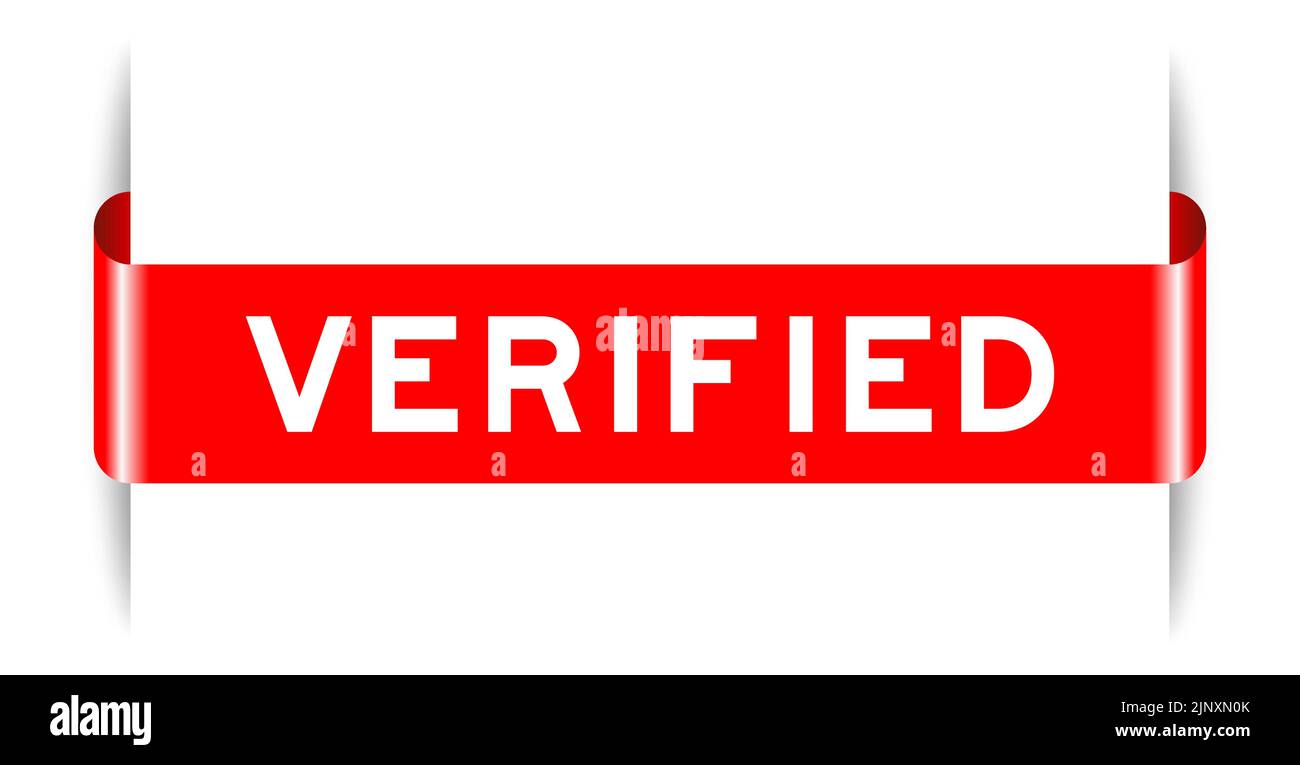 Red color inserted label banner with word verified on white background ...