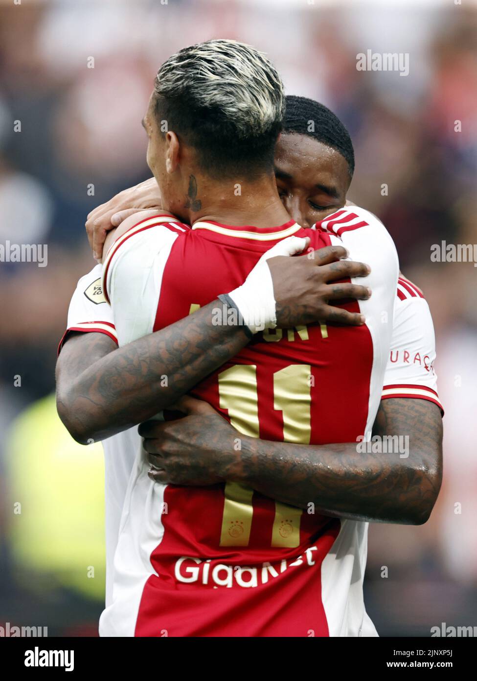 AMSTERDAM - Steven Bergwijn of Ajax and Antony Matheus Dos Santos of Ajax celebrate the 4-1 ...