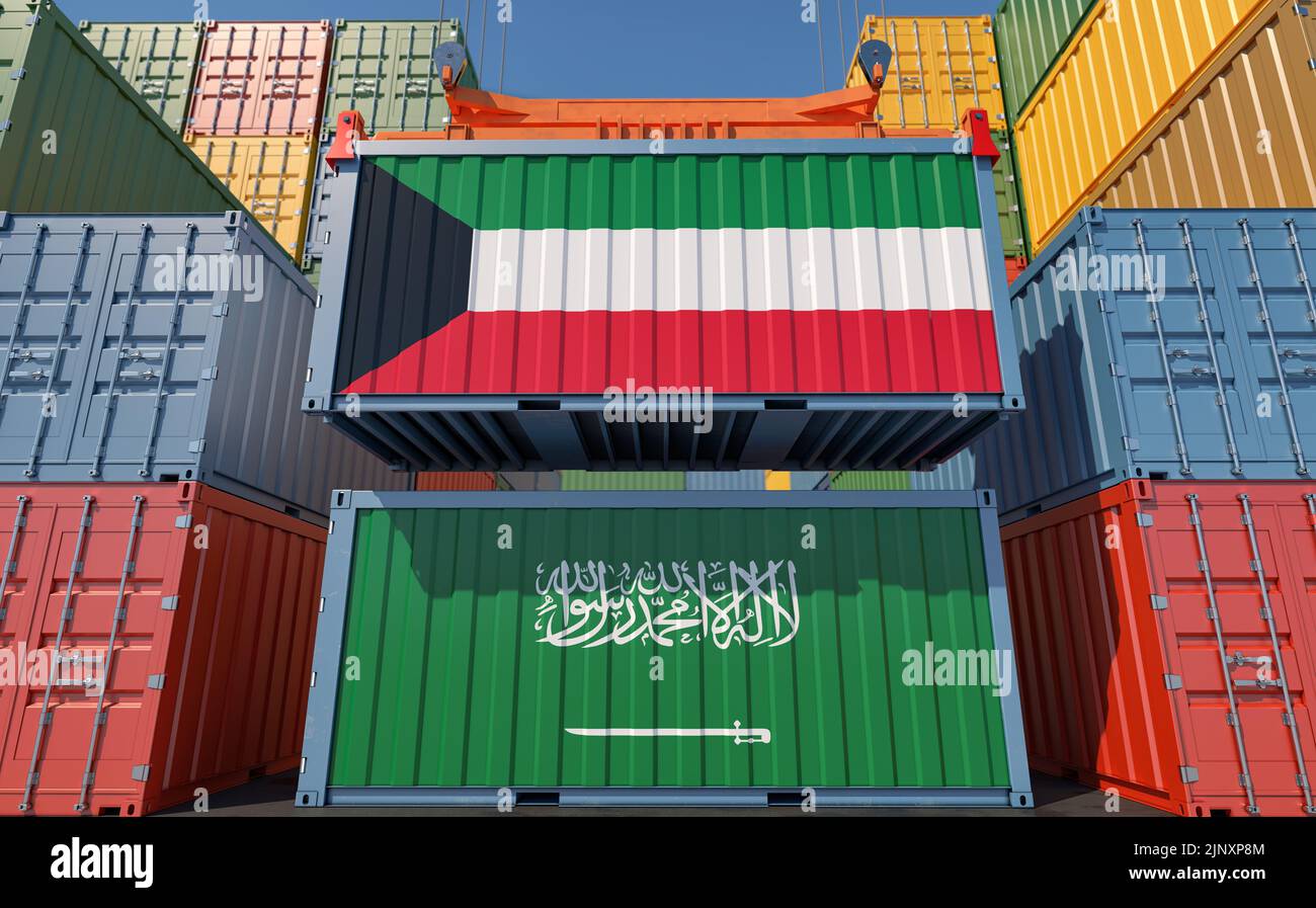 Cargo containers with Saudi Arabia and Kuwait national flags. 3D ...
